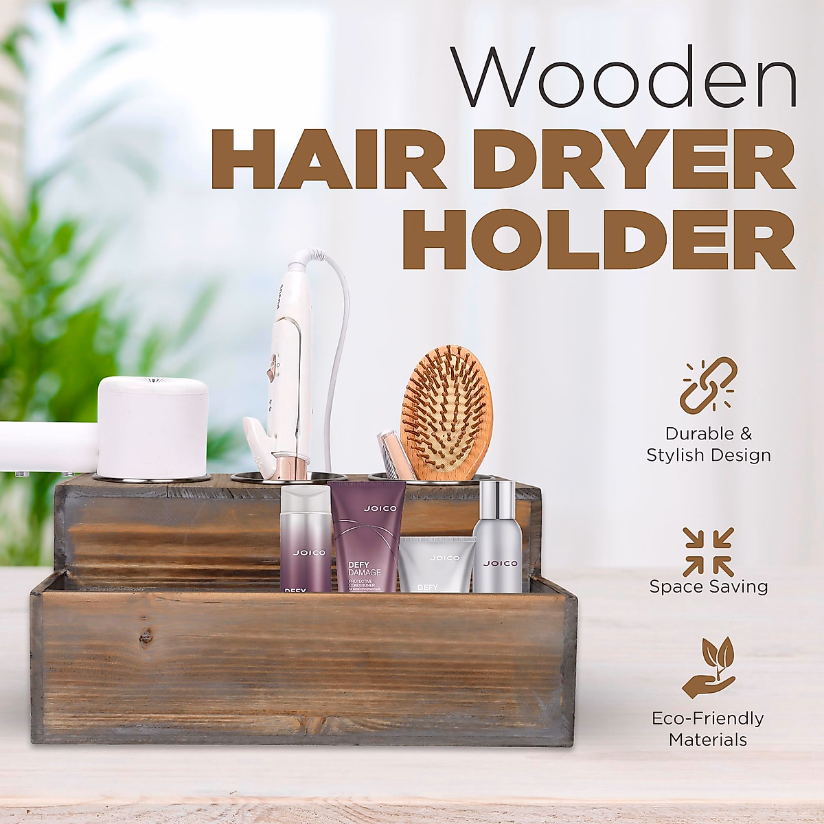 Besti Wooden Hair Dryer Holder – Hair Tools and Styling Supplies Organizer and Storage for Vanity and Bathroom - Natural Elegant Design - Multi-Functional Caddy for Accessories, Makeup, Toiletries