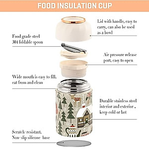 JUNZAN Cute Xmas Winter Fox Bird Kids Womens Insulated Food Jar Container with Spoon 17oz/500ml Food Containers For Hot Food Stainless Steel Vacuum Food Warmer Insulated Containers for Hot/Cold Food