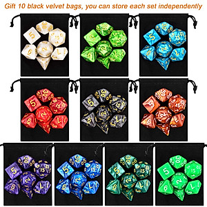 10 X 7 Polyhedral Dice Set (70 Pieces) for Dungeons and Dragons DND RPG MTG Table Games D4 D6 D8 D10 D% D12 D20 with 10 Pack Black Bags, 10 Colors