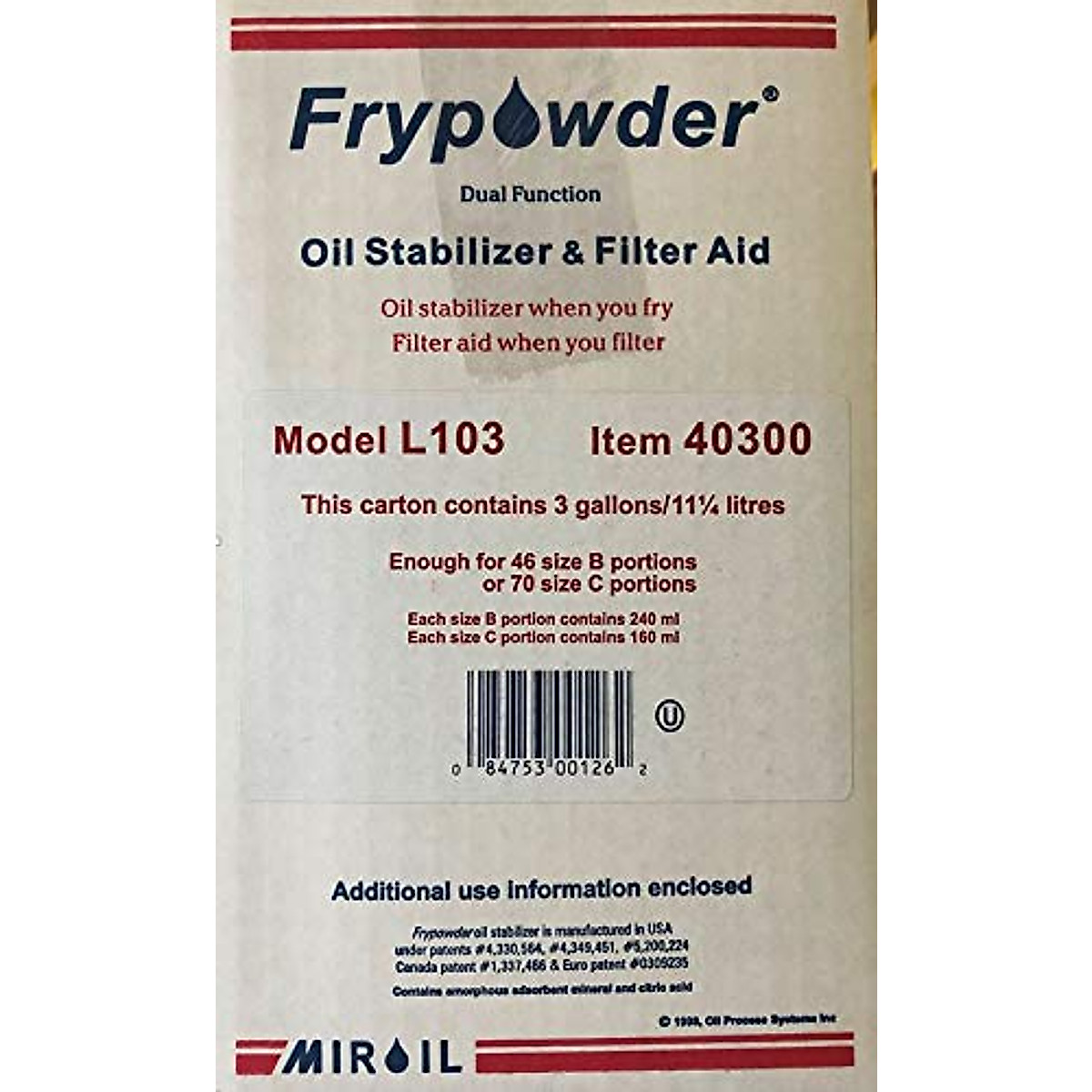 MirOil L103 BULK SAVER Fry Powder Oil Stabilizer and Filter Aid, CS of 3 x gallons for Fryers Oil Saving, Item 403000, Reduce Oil Usage