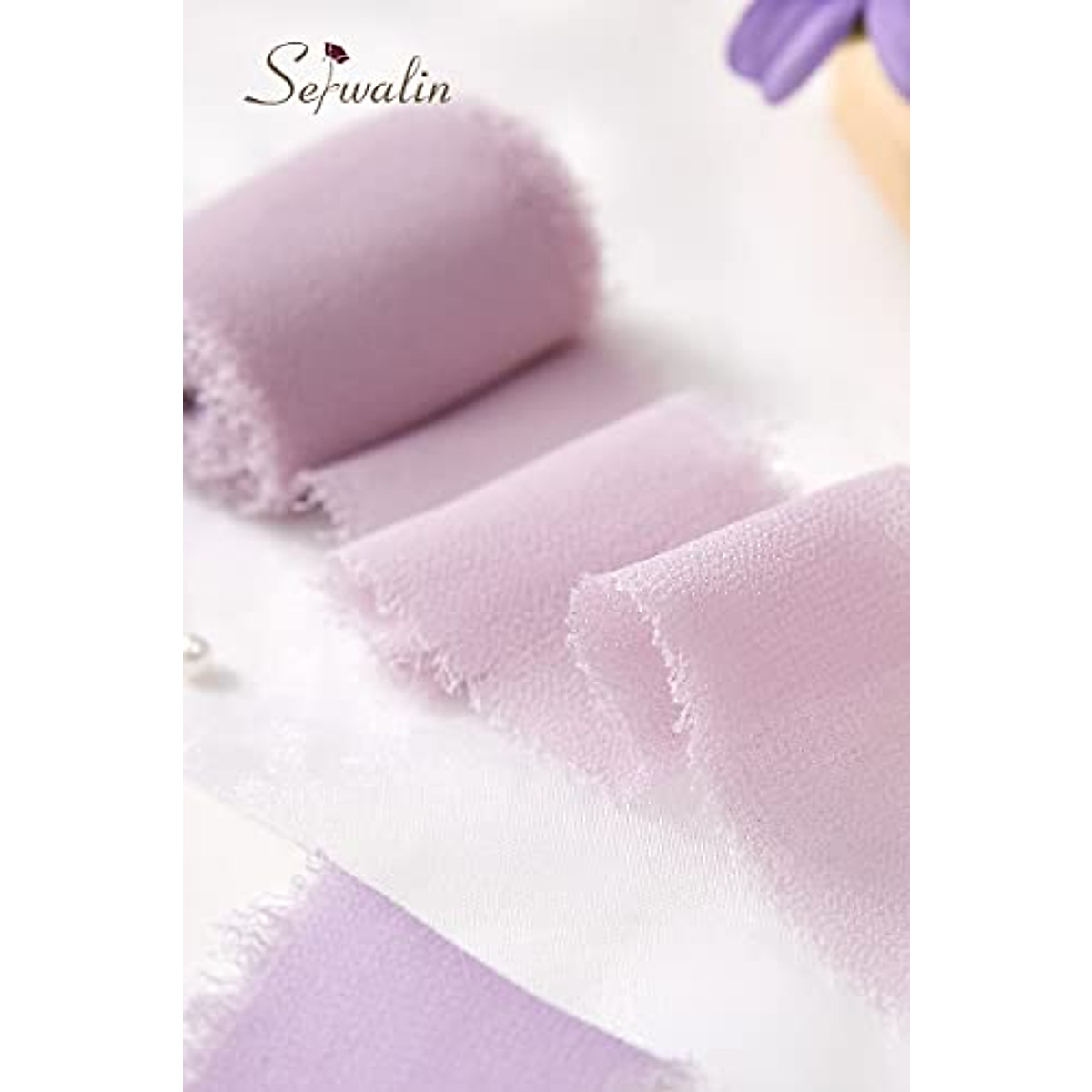 Serwalin 4 Rolls Chiffon Silk Ribbon 1.5" x 7Yd Gauze Frayed Edges Purple Handmade Fringe Ribbons Set for Wedding Invitations, Bridal Bouquets, Gifts Wrapping, DIY Crafts (4 Rolls 28 Yards)