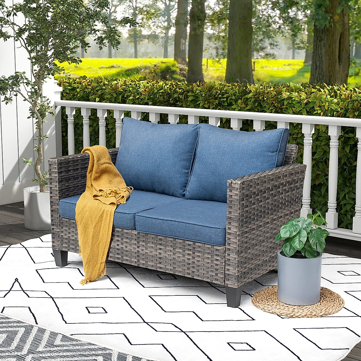 ovios Patio Sofa Loveseat, 2-Seater Outdoor Wicker Rattan Sofa Couch, All Weather High Back Deep Seat Patio Seating with Comfy Cushions for Porch Garden Deck, Denim Blue