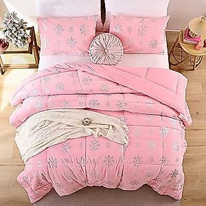 Smoofy Metallic Snowflake Pink Velvet Christmas Comforter Set, Christmas Bedding Set Blush Gold Printed Pattern Luxury Twin Size 2Pcs (1 Comforter, ONLY 1 Pillowcase)