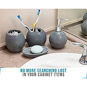 Designer 4-Piece Bathroom Accessory Set – Ceramic Bath Set w/Liquid Soap or Lotion Dispenser, Toothbrush Holder, Tumbler and Soap Dish – Decorative Set w/Embossed Details – Modern Vanity Accessories