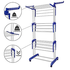 innotic Clothes Drying Rack, Stainless Steel Oversized 4-Tier Collapsible Rolling Drying Rack Clothing Folding Laundry Drying Rack Stand Indoor/Outdoor with Side Wings and Casters Gray Blue