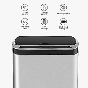 ELPHECO 50 Liter / 13.2 Gallon Rectangular Kitchen Trash Can, Brushed Stainless Steel Finish Motion Sensor Trash Can, Automatic Trash can for Kitchen, Living Room, Office, 3 AA Batteries (Excluded)