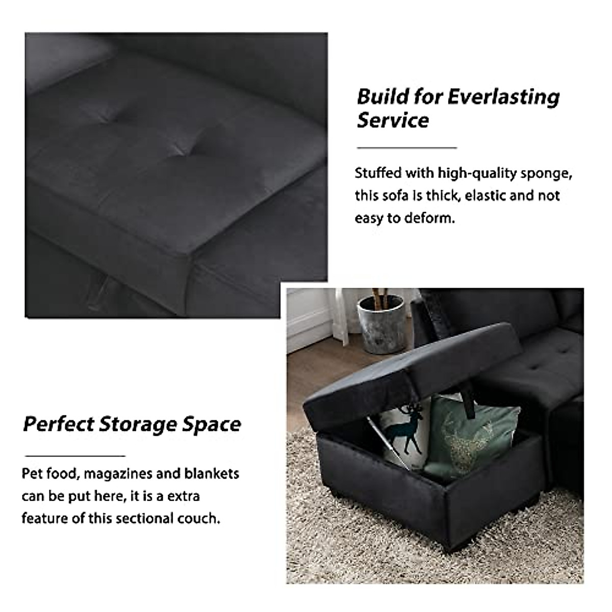 UBGO Sectional Modern L Shape Corner Convertible Sleeper Combination Sofa Bed Ottoman and Storage Hidden Arms Pull Out Sheet for Living Room Apartment, Black G