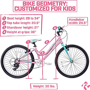 Revere Kids 24" Girls 7-Speed Cruiser Children's Bicycle for Ages 7-11 Years Old. Lightweight Aluminum Frame and Fork, Easy to Ride! (Pink/Cyan)