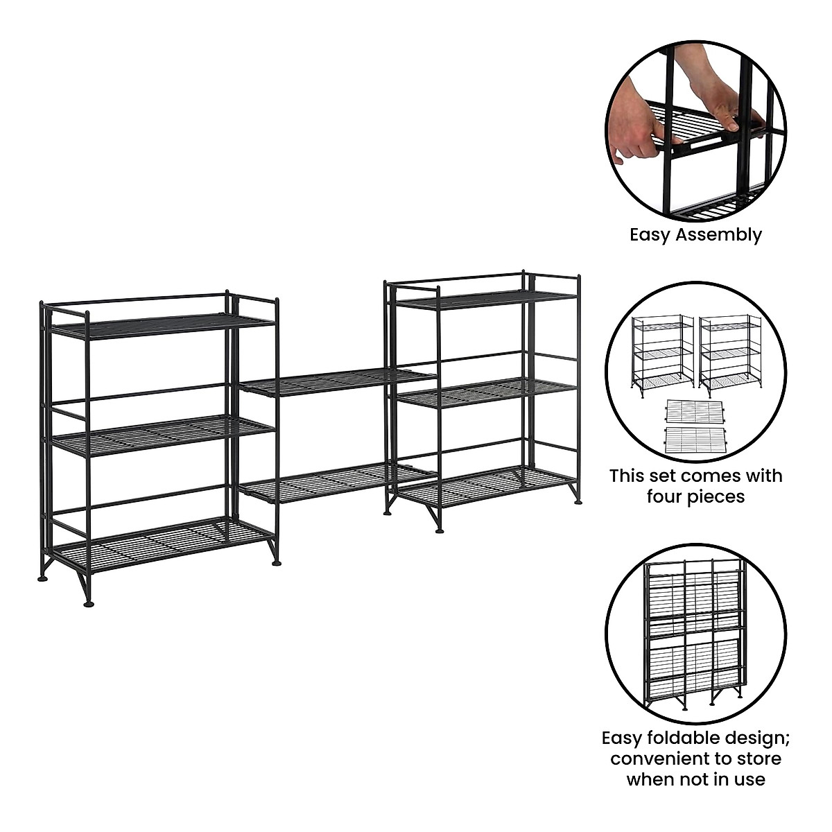 Convenience Concepts Xtra Storage 3 Tier Wide Folding Metal Shelves with Set of 2 Extension Shelves - Organizer for Living Room, Office, Bedroom, Garage, Kitchen, Bathroom, Black