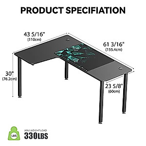 DESIGNA 60 Inch L Shaped Gaming Desk, Corner Computer Desk, Home Office Study Writing Desk, Larger Gaming Table Gamer Workstation with Large Mouse Pad, Space Saving, Easy to Assemble, Left Side Black