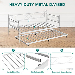 IDEALHOUSE Twin Bed with Pull Out Trundle, Metal Twin Daybed and Trundle Set, Day Bed Sofa Bed Frame with Steel Slat Support, Multifunctional Daybed Frame for Bedroom, Living Room, Guest Room