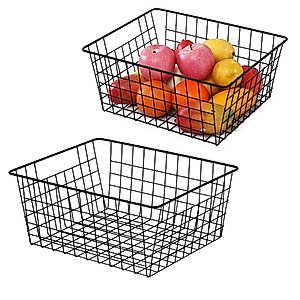 Aeggplant Kitchen Wire Baskets Farmhouse Decor Metal Food Storage Organizer,Household Refrigerator Bin with Built-in Handles for Cabinets,Pantry,Bathroom,Black