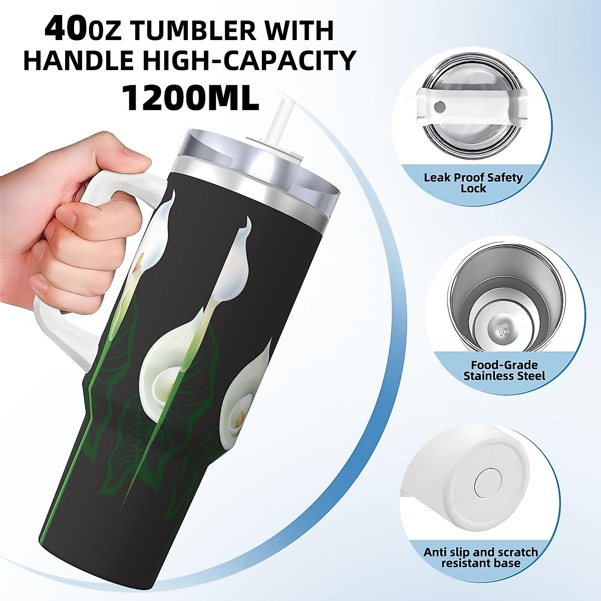 furenan White Calla Lilies 40oz Tumbler With Handle And Straw Lid Stainless Steel Double Wall Vacuum Insulated Tumbler Travel Mug Straw Covers Cup For Water Iced Tea Or Coffee