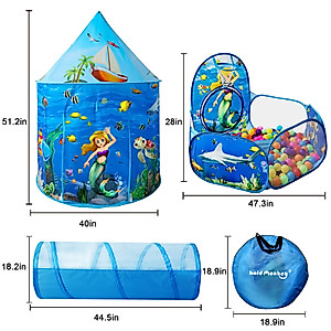 Kids Play Tent 3pc Ocean World Toy Tunnel and Ball Pit for Boys, Girls, Babies and Toddlers - Indoor/Outdoor Pop Up Playhouse, Easy to Setup(Balls Not Included)