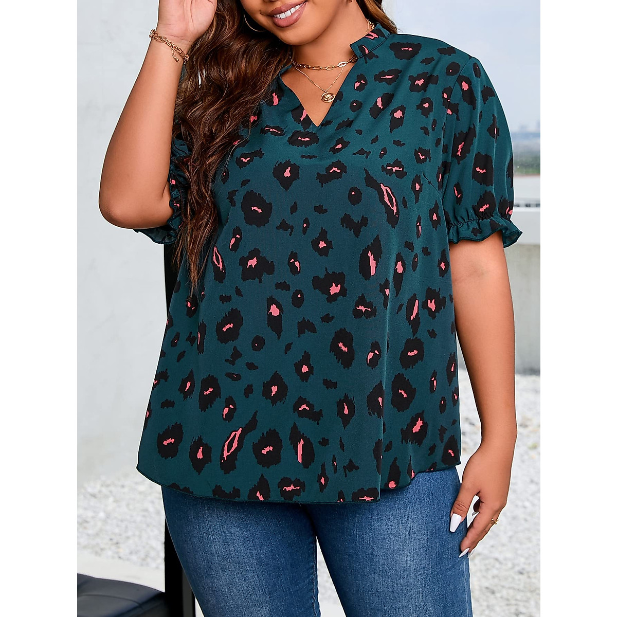 SOLY HUX Women's Plus Size Allover Printed Notched V Neck Short Sleeve Casual Blouse Tops Teal Blue 1XL