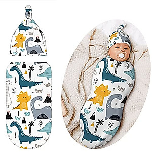 Dinosaur Baby Stuff Swaddle Receiving Blanket with Hat Set Dinosaur Swaddles Up New Born Soft Transition Sleep Sacks for Infant Boys Girls(0-6Mth)