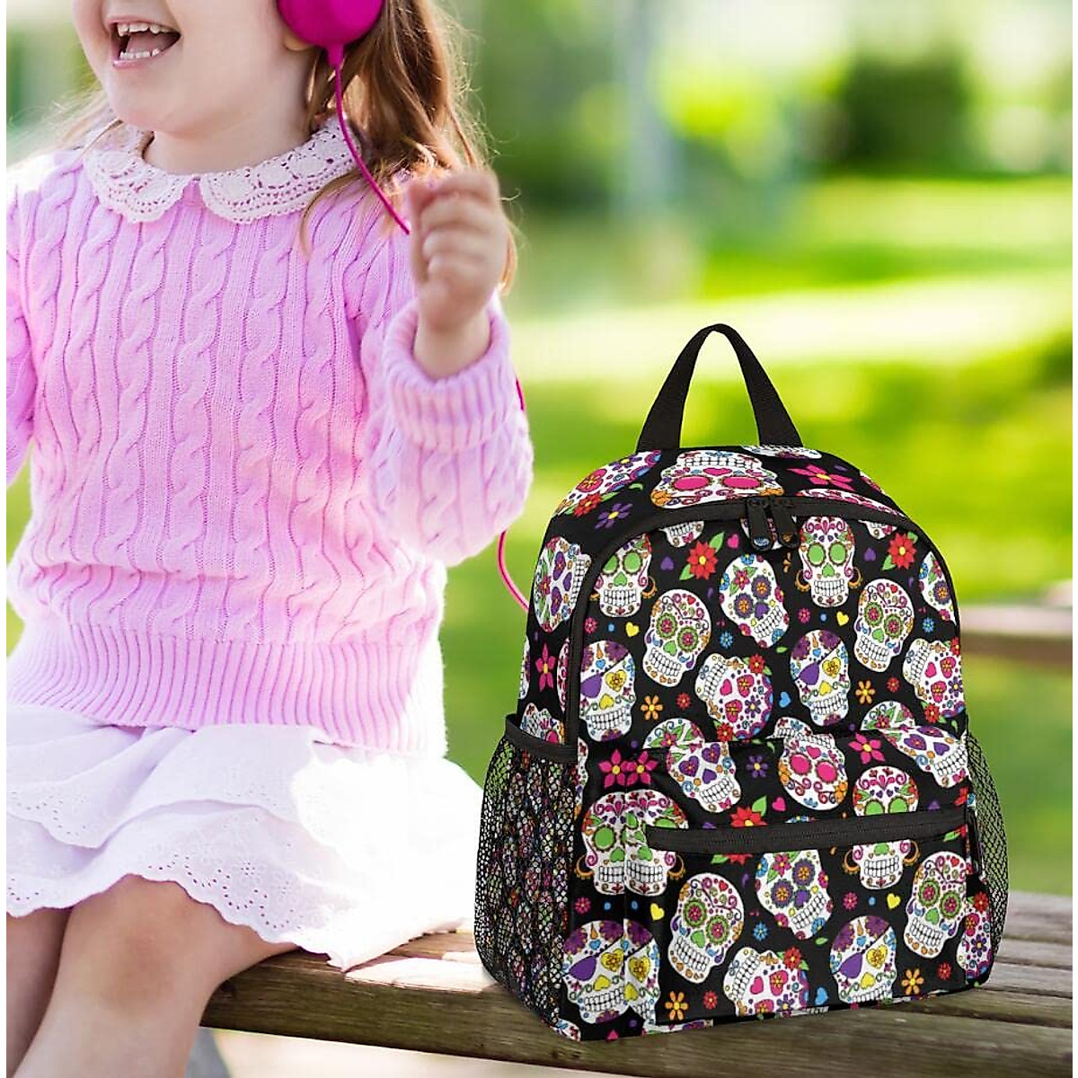 AUUXVA Kids Backpack Mexican Skull Printed Flower Toddler Shoulder Travel Elementary School Bags Preschool for Girls Boys