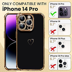 ICREEFUN for iPhone 14 Pro Case, Cute Love Heart Plating Luxury Phone Case for Women Girls, Full Camera Protection & Raised Corners Bumper Slim Shockproof Protective Phone Cover 6.1 Inch, Black