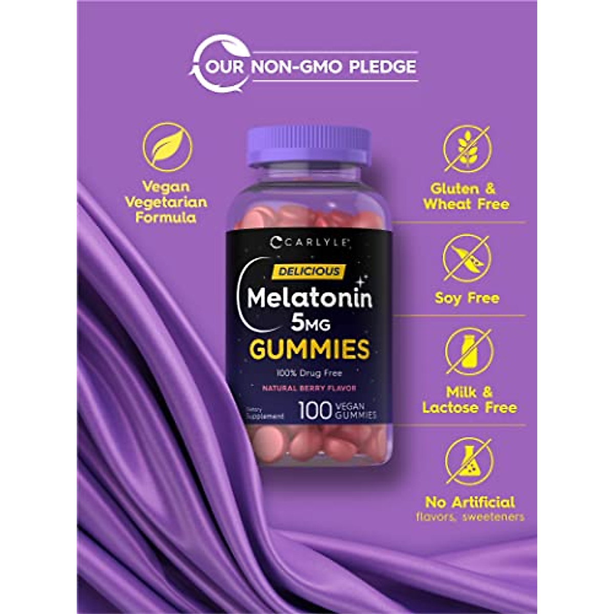 Carlyle Melatonin 5mg Gummies | 100 Count | 1 Gummy Per Serving | Natural Berry Flavor | 100% Drug Free | Non-GMO, Gluten Free Supplement