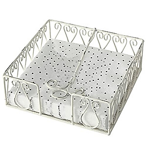 French Country Style Flat Napkin Holder with Flip Bar, Metal, Arabesque Details, Shabby White Finish, 7 x 7 Inches