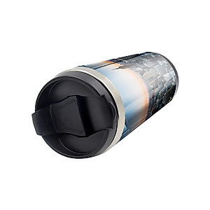 Ambesonne New York Travel Mug, NYC Manhattan Skyline Cityscape Contemporary Sunset Landscape Photo Print, Steel Thermal Cup, 16 oz, Grey Orange