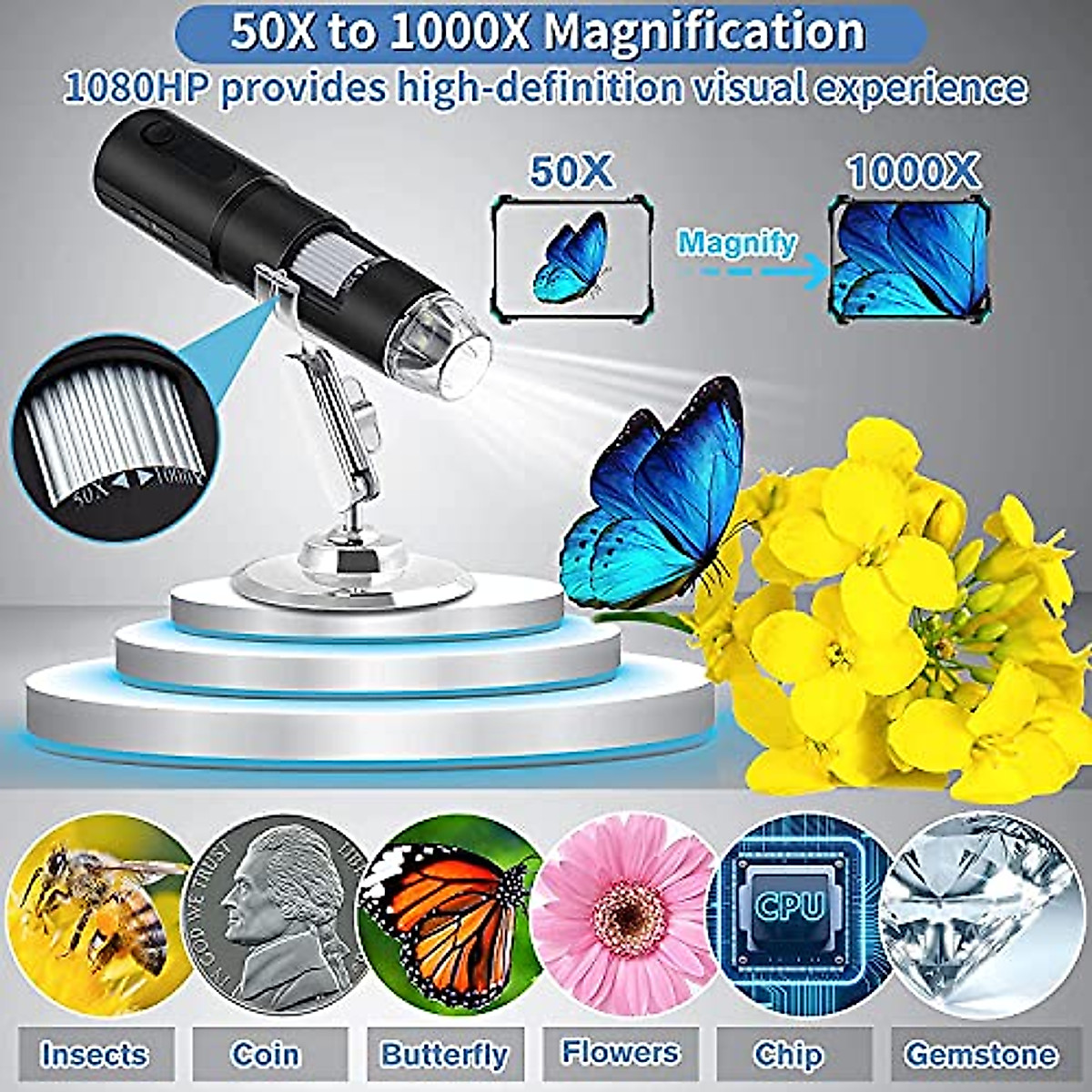 Necesa Wireless Digital Microscope,USB Microscope 50-1000 X Magnification Pocket Handheld Mini Portable WiFi Coin Microscopes Camera for Kids Children Student Adult Android iOS Phone Tablet Computer