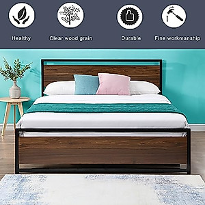STELSIPLIY Metal Bed Frame Queen Size,Industrial Platform Bed Frame with Headboard and Footboard,Steel Slat Support,Mattress Foundation,No Box Spring Needed,Noise Free,Easy Assembly,Brown (Queen)