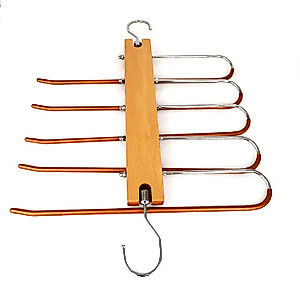 Beech Wooden Pants Hangers Space Saver - Trouser Hanger, Space-Saving Multiple 5-in-1 Stainless Steel Extendible, Foldable Multi Magic Wardrobe Clothes Hanger Holder, Standard