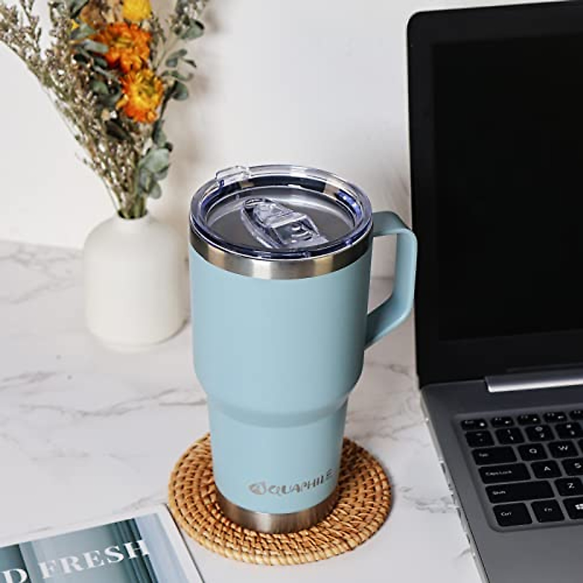 AQUAPHILE 30oz Stainless Steel Insulated Coffee Mug with Handle, Double Walled Vacuum Travel Cup with Lid & Straw, Reusable Thermal Coffee Cup, Portable Coffee Tumbler, for Hot&Cold Drinks(Light Blue)