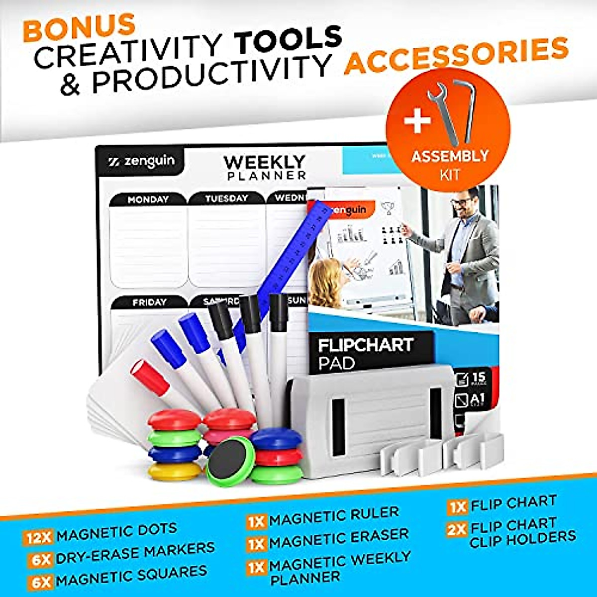 Zenguin Mobile Whiteboard – Easel Style Dry Erase Board w Locking Wheels - Double Sided Magnetic Easel Board - Adjustable Height Rolling Whiteboard - Portable Whiteboard w Accessories (48x36, Gray)