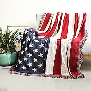 American Flag Throw Blanket Reversible Soft Woven Thick Large Tassels Rug Vintage Print Tapestry Chair Couch Sofa Bed Cover