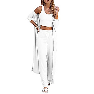 Fessceruna 3 piece Lounge Sets for Women Outfits Loungewear Long Kimono Cardigan Crop Tank Top Loose Pants A-white