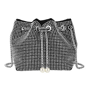 Hyuyikuwol Women Rhinestones Crystal Clutch Drawstring Bucket Bag Mini Evening Bags Crossbody Purses Pearl Party Prom Wedding, Silver