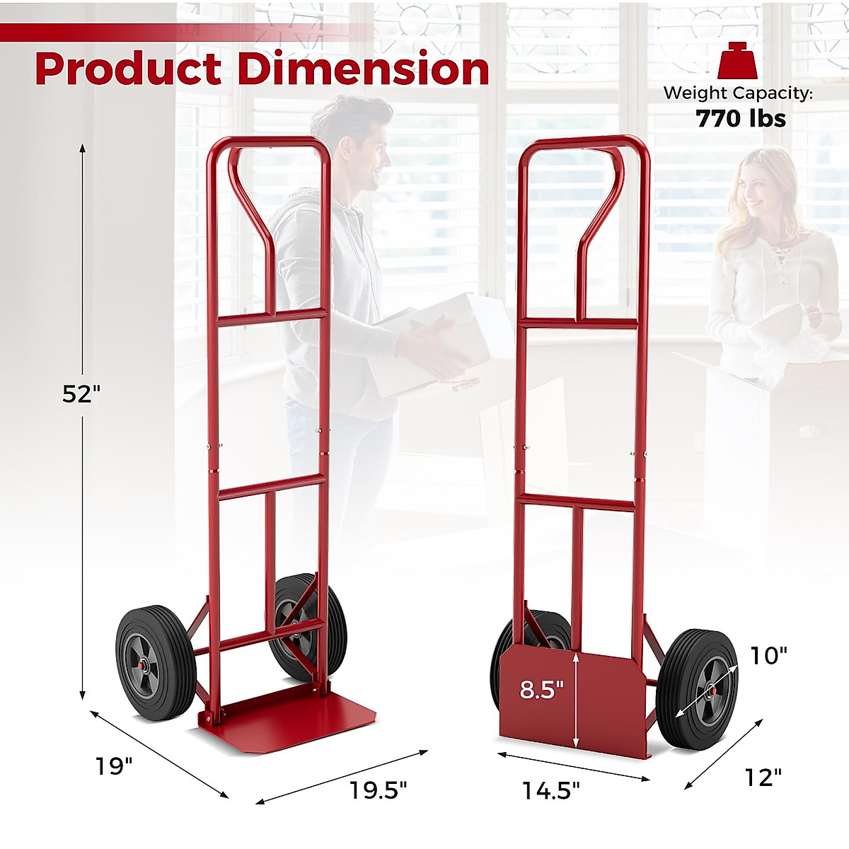 Goplus Hand Truck, P-Handle Hand Truck Dolly w/Vertical Loop Handle, 10” Rubber Wheels, 15”x8” Foldable Nose Plate, 660LBS Capacity, Heavy Duty Metal Dolly Cart for Lifting, Stairs (Red)