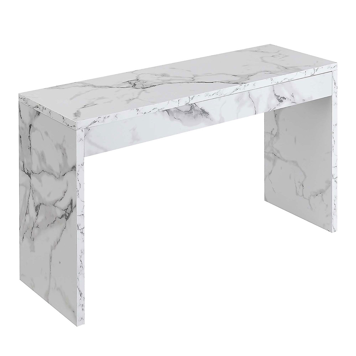 Convenience Concepts Northfield Hall Console Desk Table, White Faux Marble & Xtra Storage 3 Door Cabinet with Shelf, White Faux Marble