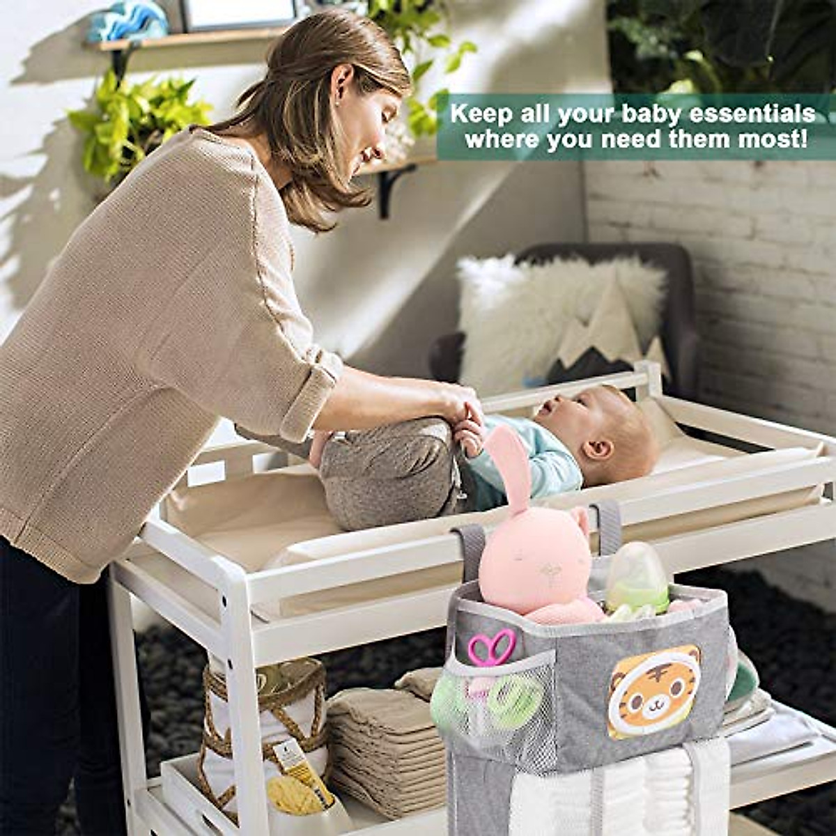 Accmor Hanging Baby Diaper Caddy Organizer with Paper Pocket, Diaper Stacker, Baby Crib Hanging Classified Storage Bag Organizer for Changing Table, Crib, Playard or Wall & Nursery Organization, Grey