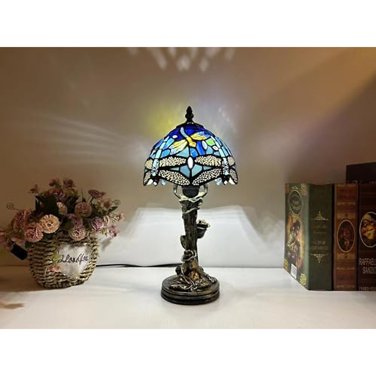 LGWW Tiffany Style Table Lamp Dragonfly Style Rose Base Stained Glass Bedside Lamp Antique Luxurious Bedside Desk Reading Light 15X8X8 Desk Light Metal Base Decor Bedroom Living Room Home Office