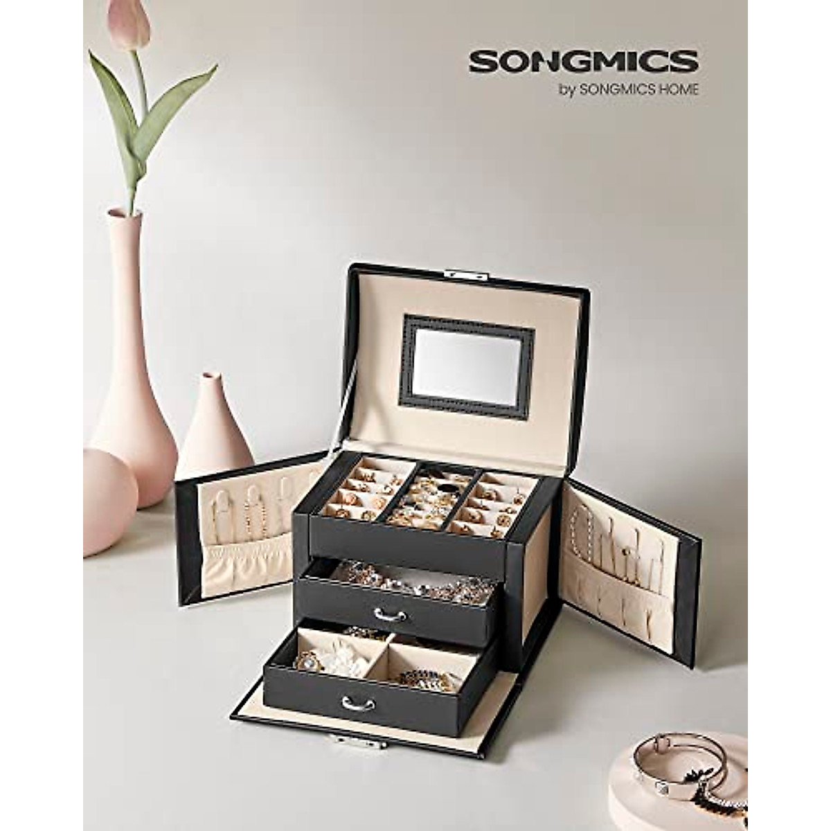 SONGMICS 3-Tier Jewelry Box, Travel Jewelry Case with Handle, 2 Drawers, Lockable Jewelry Organizer with Mirror, Jewelry Storage, Modern Style, Gift for Loved Ones, Black UJBC154B01