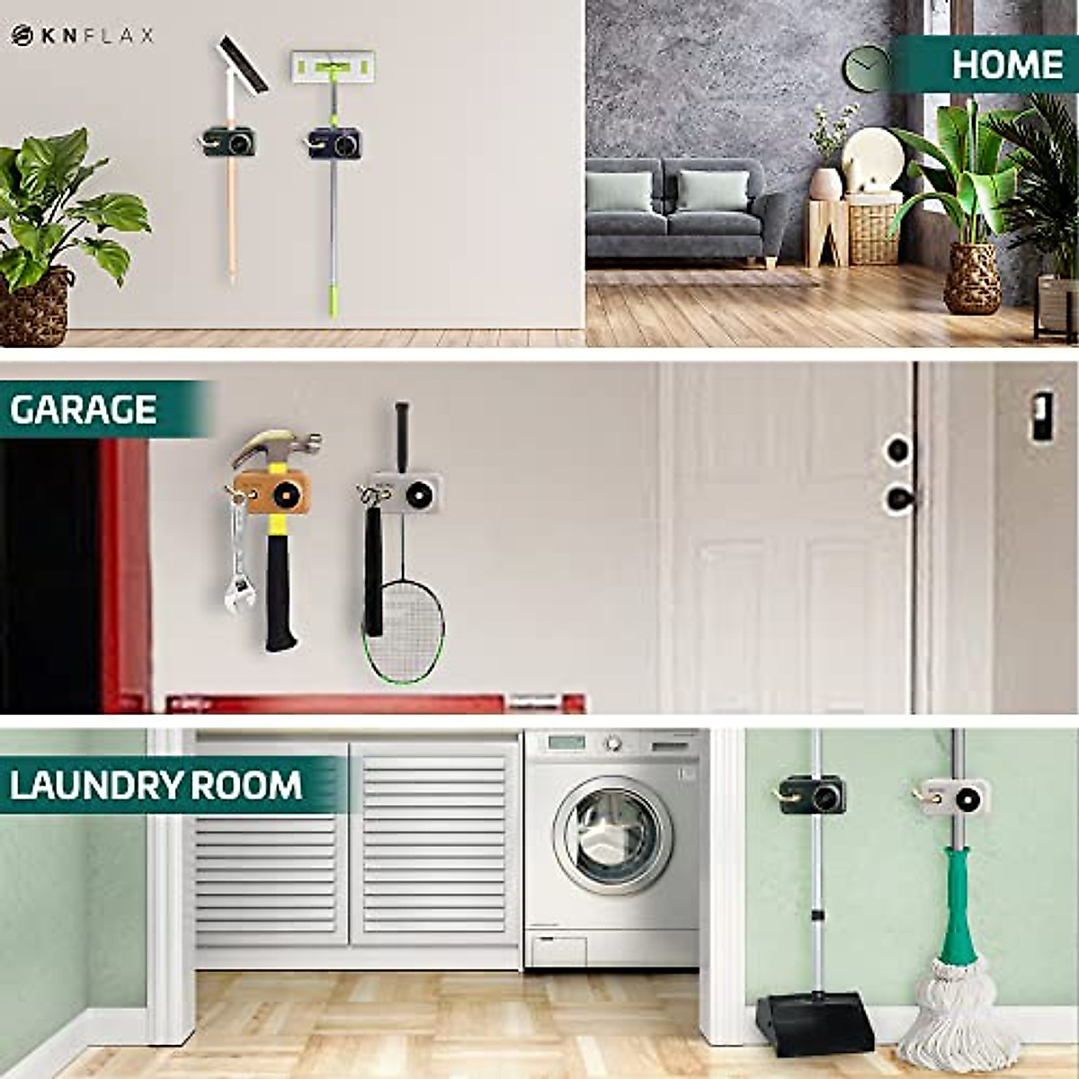 KN FLAX Broom Holder Wall Mount Self Adhesive Broom Gripper, Cleaning Supplies and Household Hanger for Storage, Laundry and Apartment Room, Must Have Organizer, Multi-Functional Holders - Green