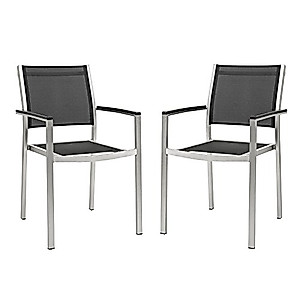 Modway Shore Aluminum Two Outdoor Patio Dining Arm Chairs in Silver Black