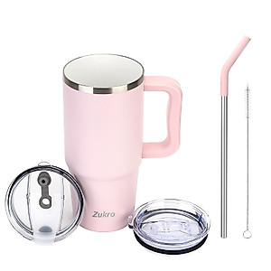 Zukro 24 oz Ceramic Coated Interior Tumbler with Handle and Straw, No Metal taste or Smell, Leakproof No Sweat Stainless Steel Coffee Cup with 2 Lids, Dishwasher Safe Insulated Travel Mug, Pink