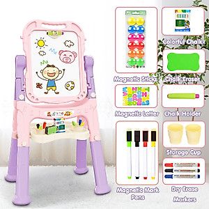 Amagoing Easel for Kids, Adjustable Standing Art Easel for Toddler, Double Magnetic Drawing Board with Painting Accessories, Birthday Christmas Gift for Little Boys and Girls, Middle Size Pink