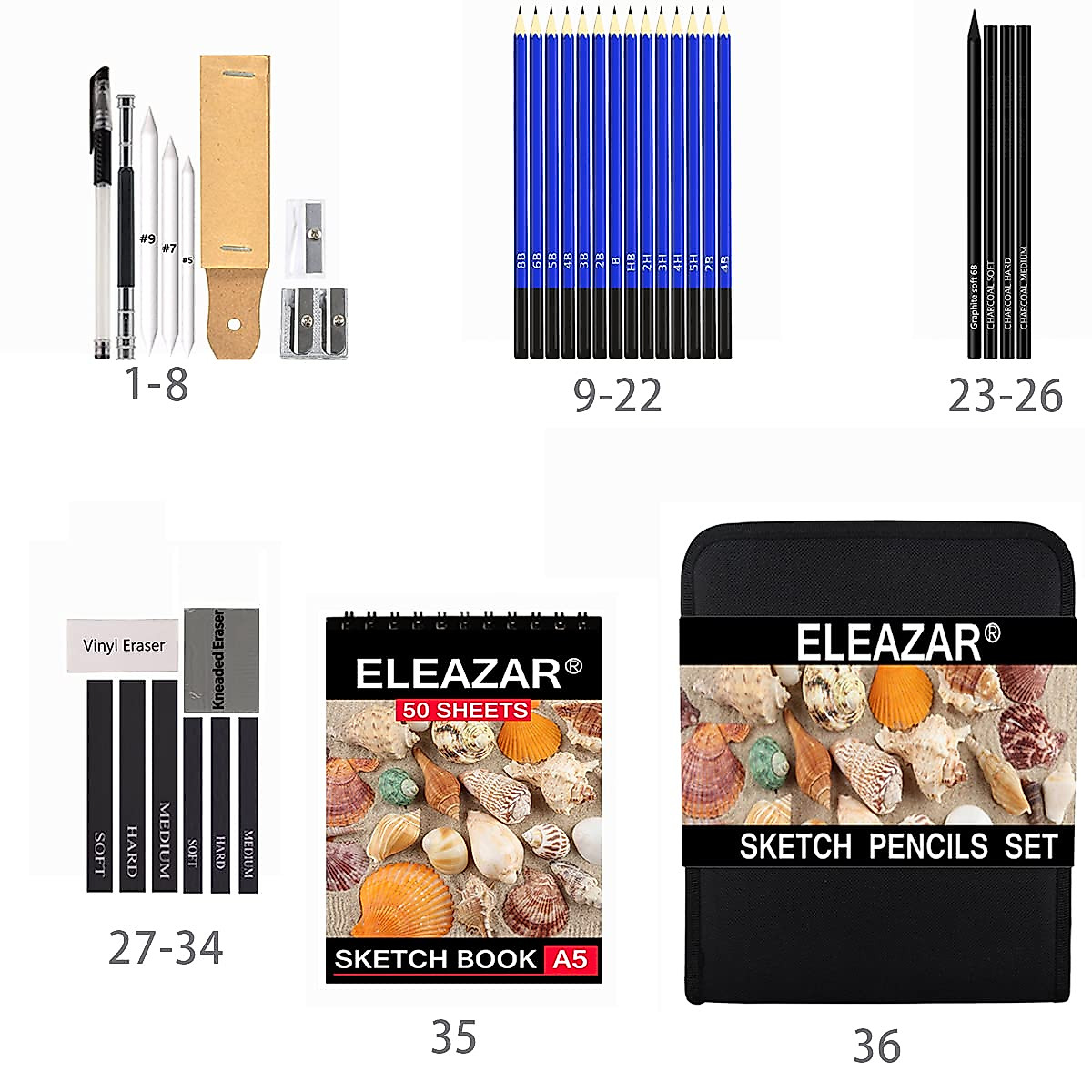 ELEAZAR35 Drawing Pencil Set in a portable zippered case (with 50-page A5 sketchbook) Includes sketching pencils and accessories for children, adults, beginners and professionals