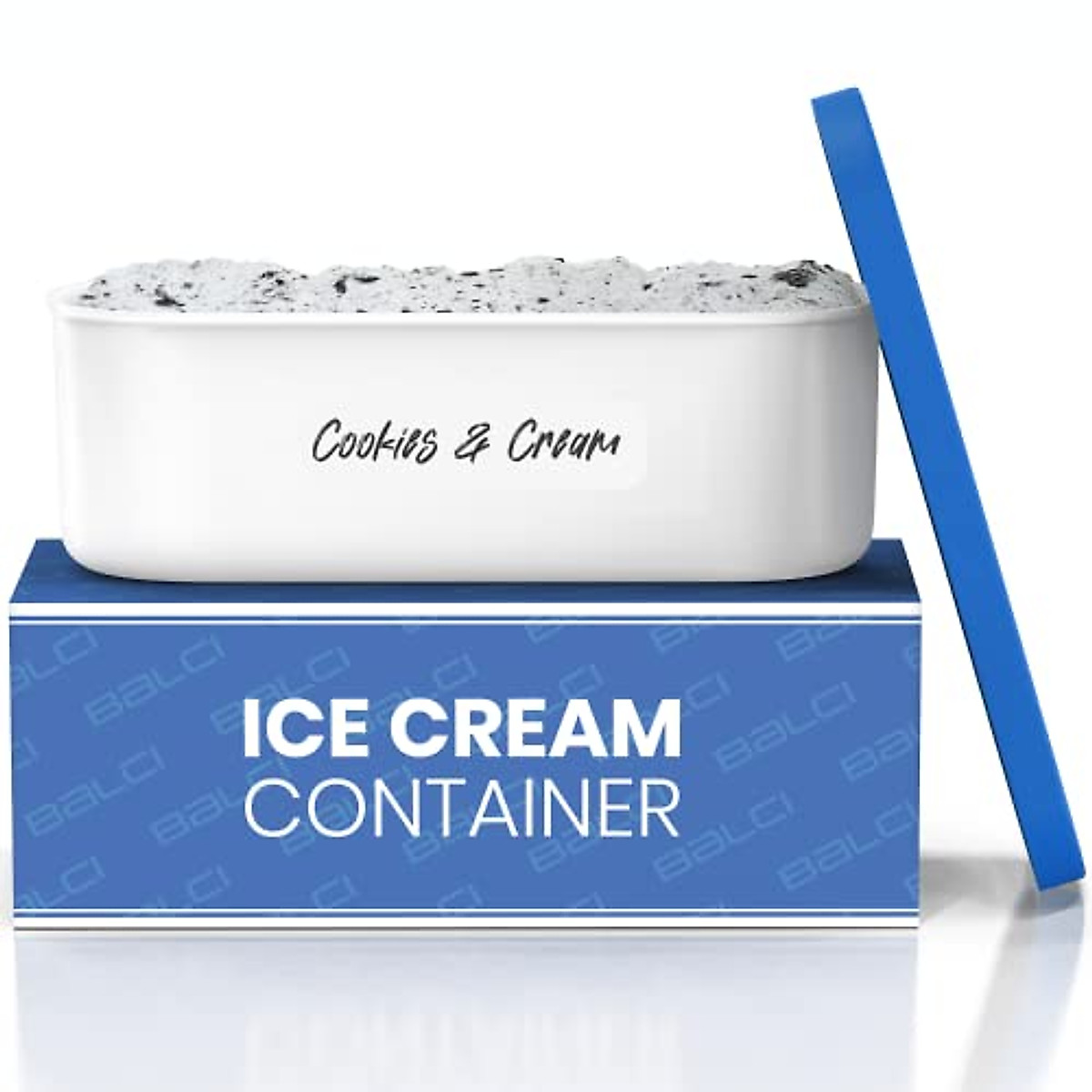 BALCI - Ice Cream Container - 2 Quart - Perfect Reusable Freezer Storage for Homemade Ice Cream Tubs for Sorbet, Frozen Yogurt and Gelato! - Flexible Silicone Lids, Long Scoop, Stackable - Blue