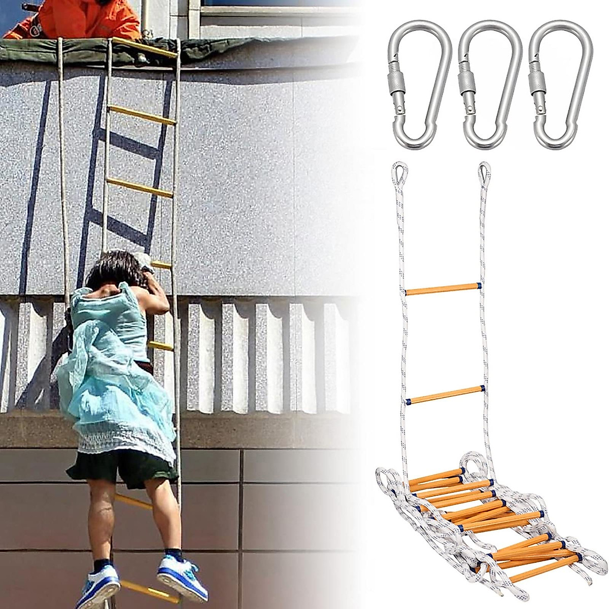 QCLUEU Emergency Fire Escape Ladder Flame Resistant Safety Extension Rope Ladder with 3 Hooks, 2-3 Story Homes Reusable Compact & Portable External Ladder (Size : 10FT/3M)