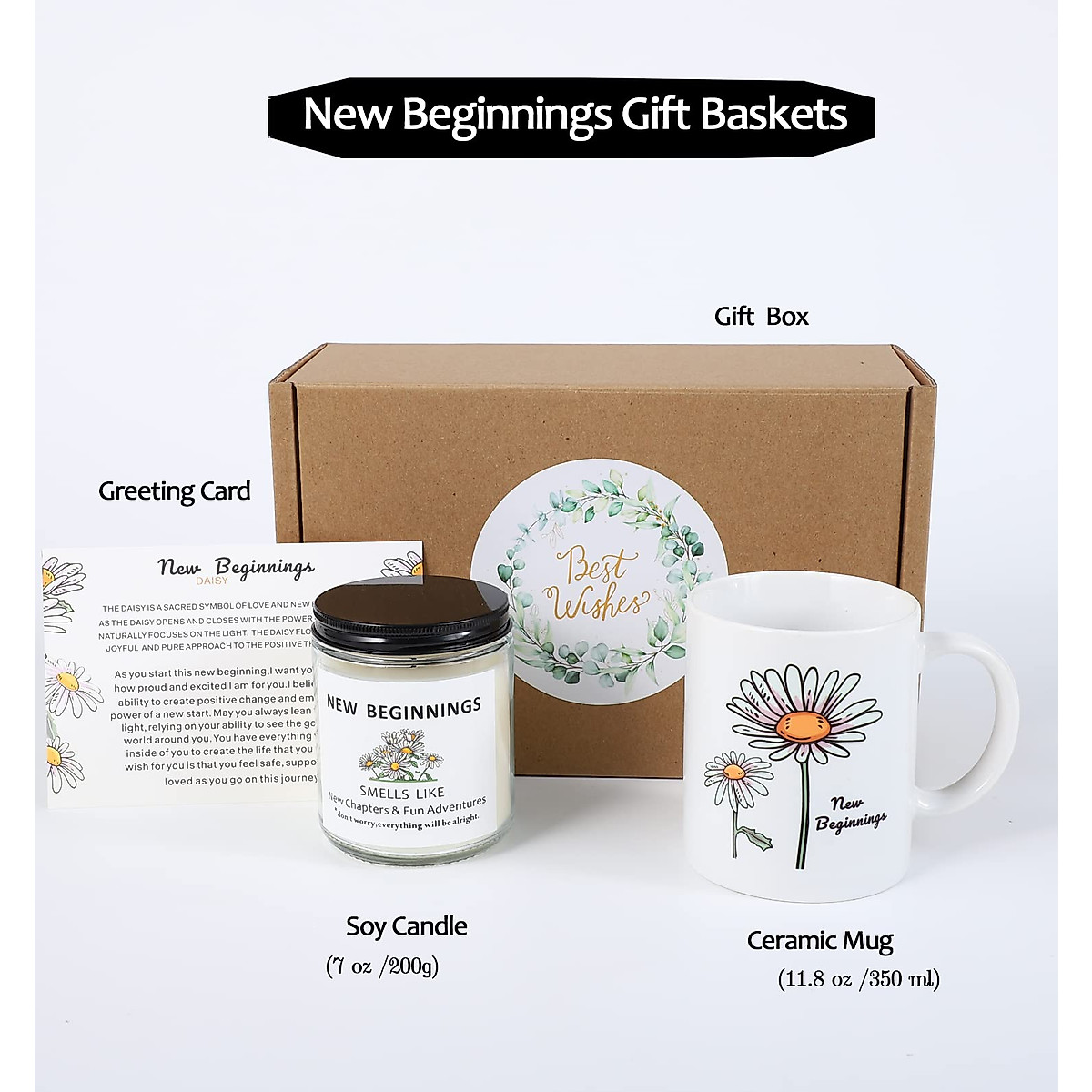 LESEN New Beginnings Box Gifts for Women,Daisy Mug and Candle Gifts Basket for New Job,Going Away,Farewell,Goodbye, Good Luck,Coworker Leaving,Break Up,Divorce Gifts