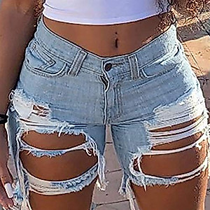 GDJGTA Women Jeans Shorts Pants Overalls Pants Stretch-Free Slim Hole Distressed Casual Fit Hot Pants Light Blue