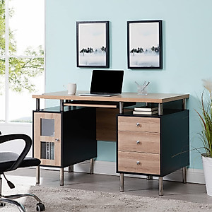 Elsy 3-Drawer File Cabinet Two-Tone Desk with Keyboard Tray, Power Outlets, USB Ports Charging Station, Metal Legs - 47.2" Wooden Computer Writing Desk Gaming Sturdy Home Office Desk - Black, Natural