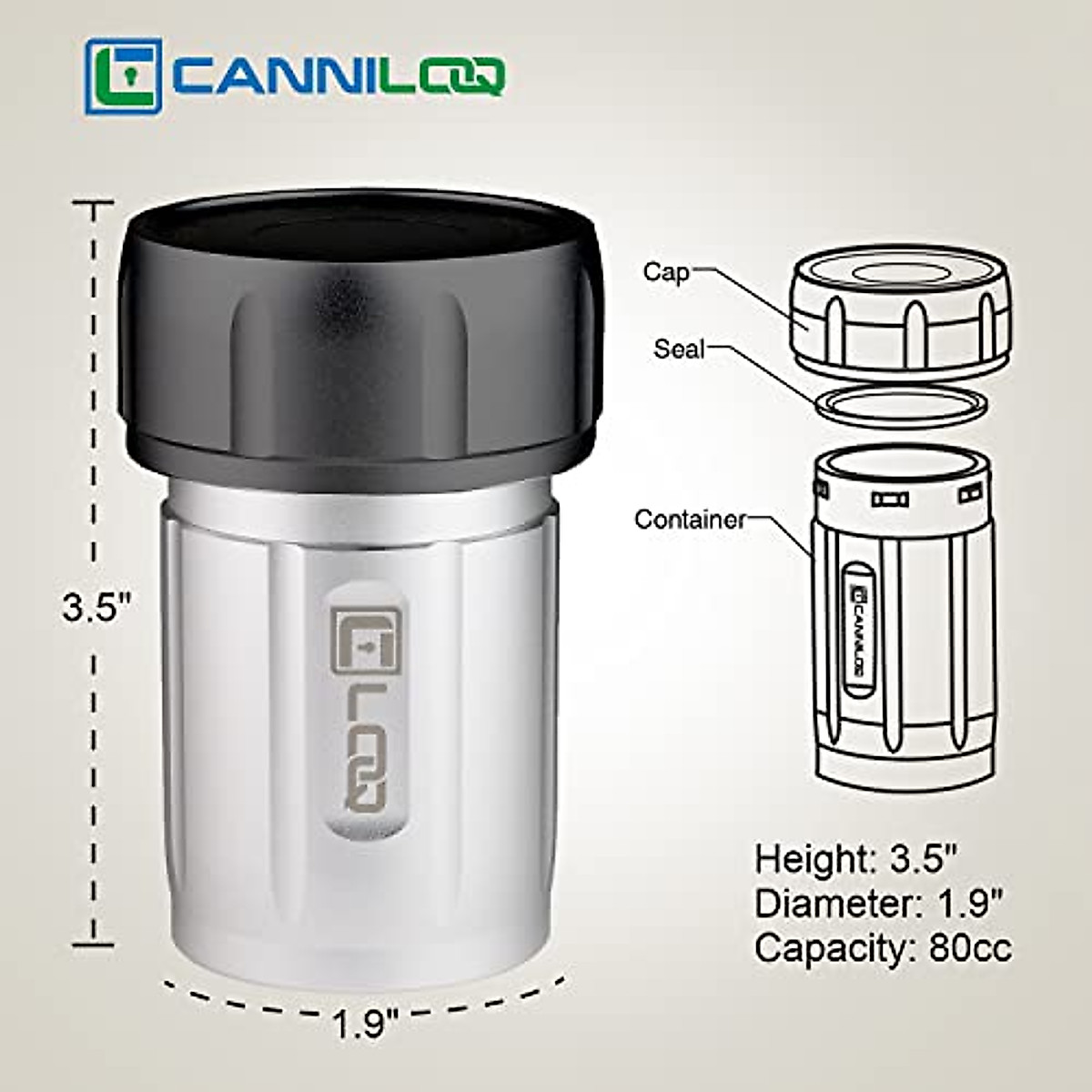 Canniloq T80ASPB Premium Rugged Airtight Jar and Aluminum Container Keeps Dry Goods Fresh, Silver Body Black Cap, 80ml