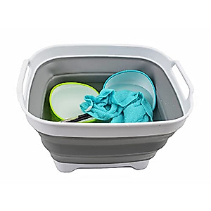 SAMMART 7.5L (2 Gallons) Collapsible Dishpan with Draining Plug - Foldable Washing Basin - Portable Dish Washing Tub - Space Saving Kitchen Storage Tray (White/Grey, 1)